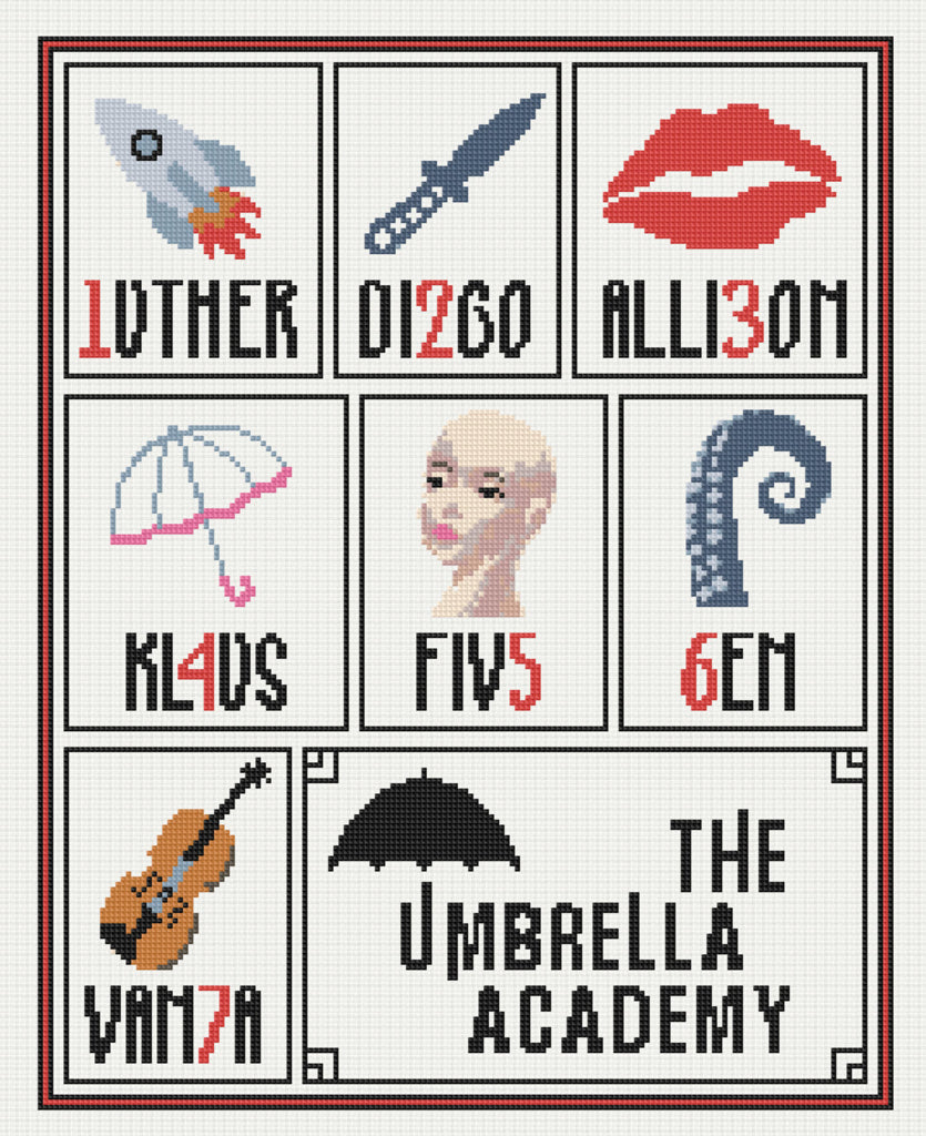 Umbrella Academy Member Cross Stitch Sampler: Luther, Diego, Allison ...