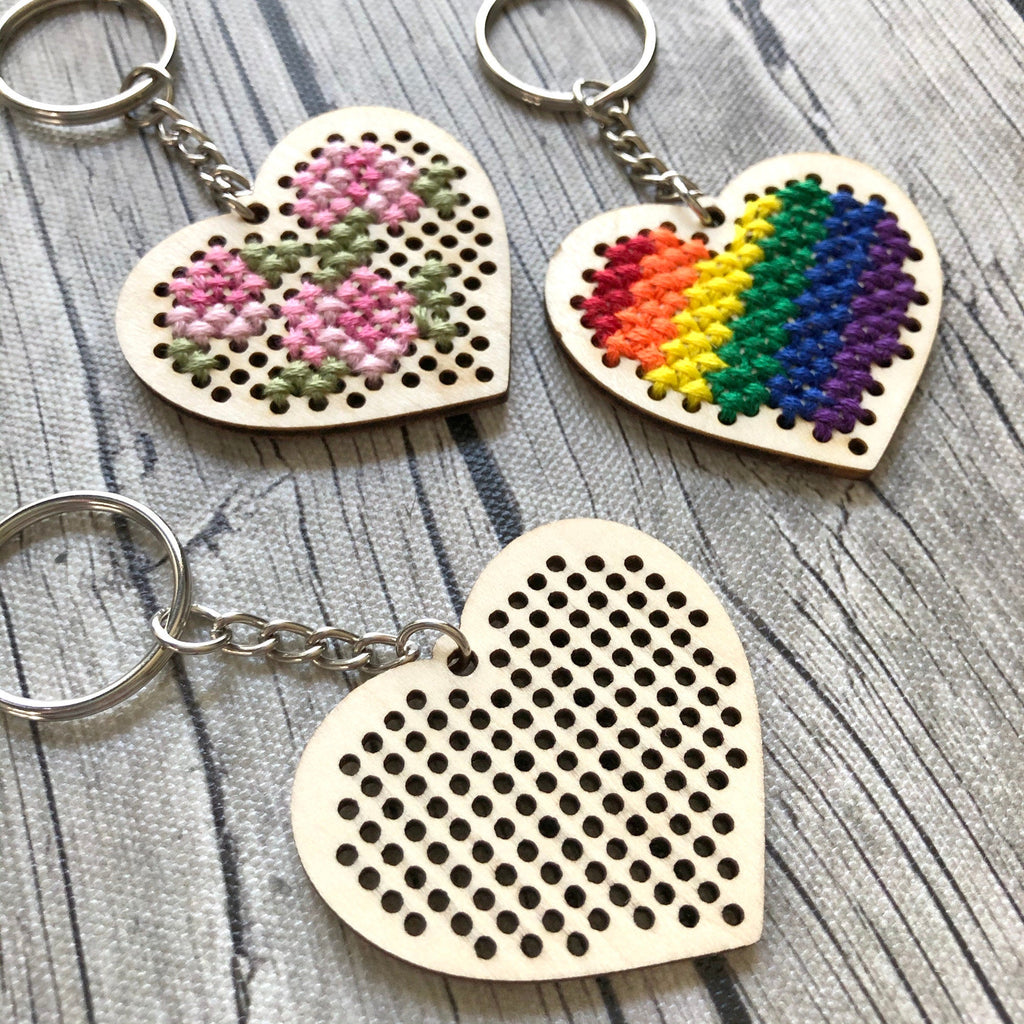 Stitchable Wooden Heart Keychains (Set of 3) with Rose/Rainbow pattern ...