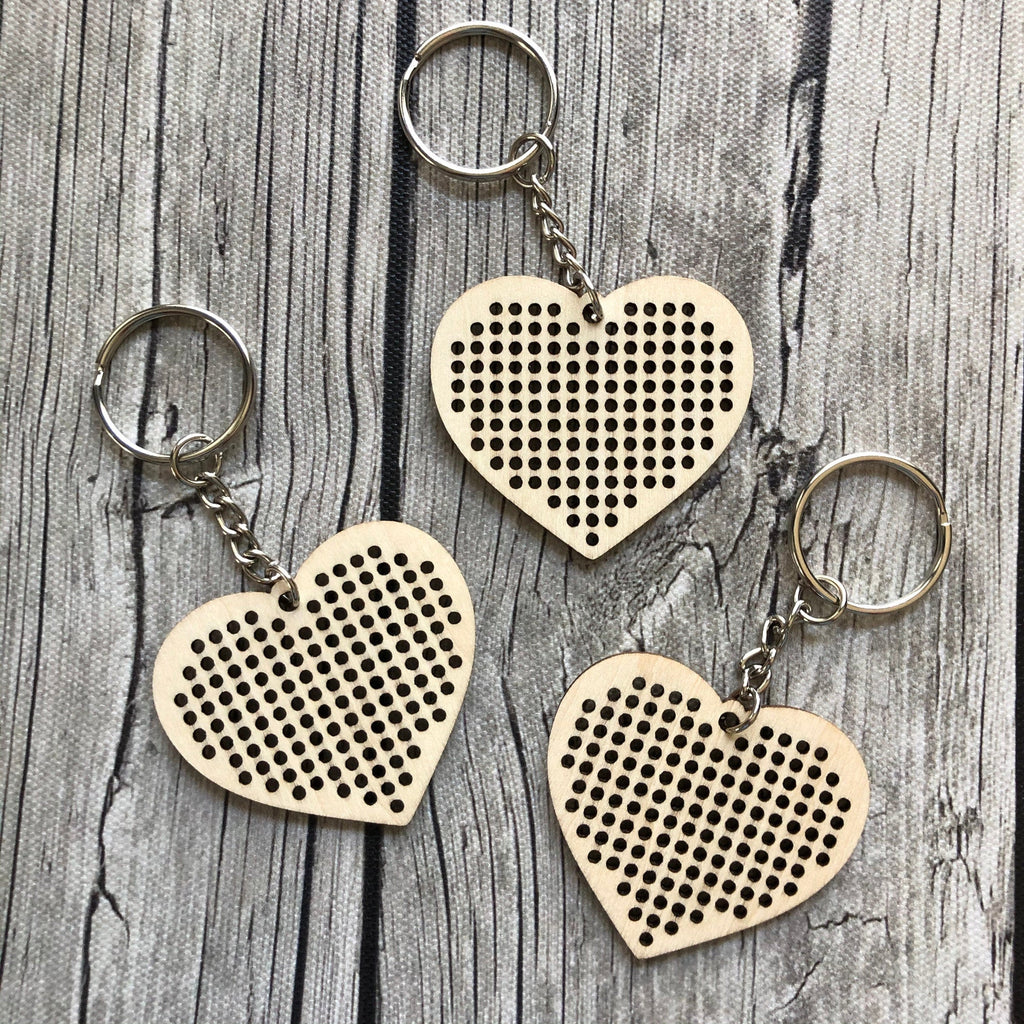 Stitchable Wooden Heart Keychains (Set of 3) with Rose/Rainbow pattern ...
